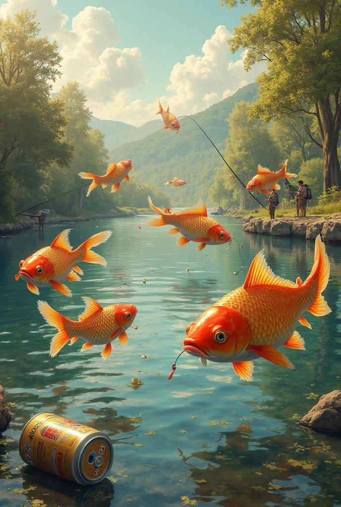 River, fish place, crucian carp catches humans and bait beer - SeaArt AI