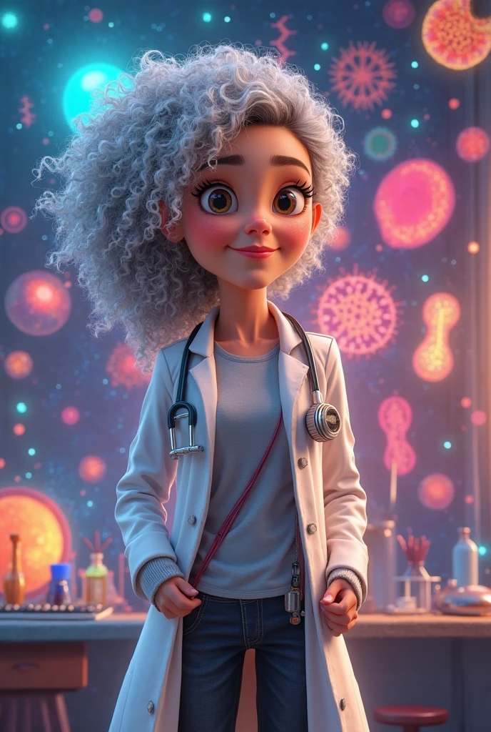 Female cartoon science educator, futuristic and friendly, silver curly ...