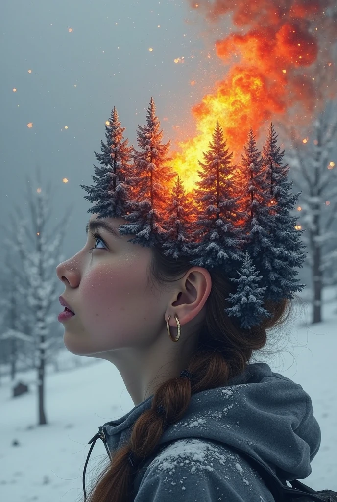 Genarate a girl looking up with a built in vivid colourful volcano in ...