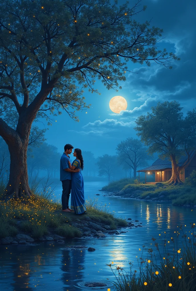A romantic, dreamy Bengali village landscape at twilight — a soft ...