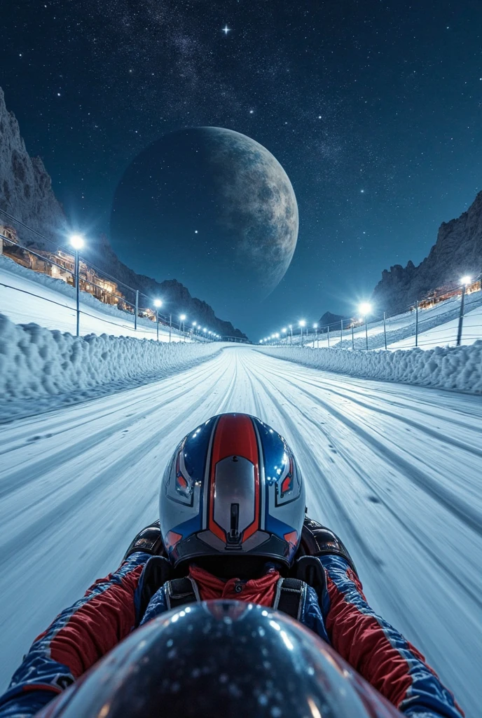 A first-person perspective of a high-speed ride on an icy, winding snow ...