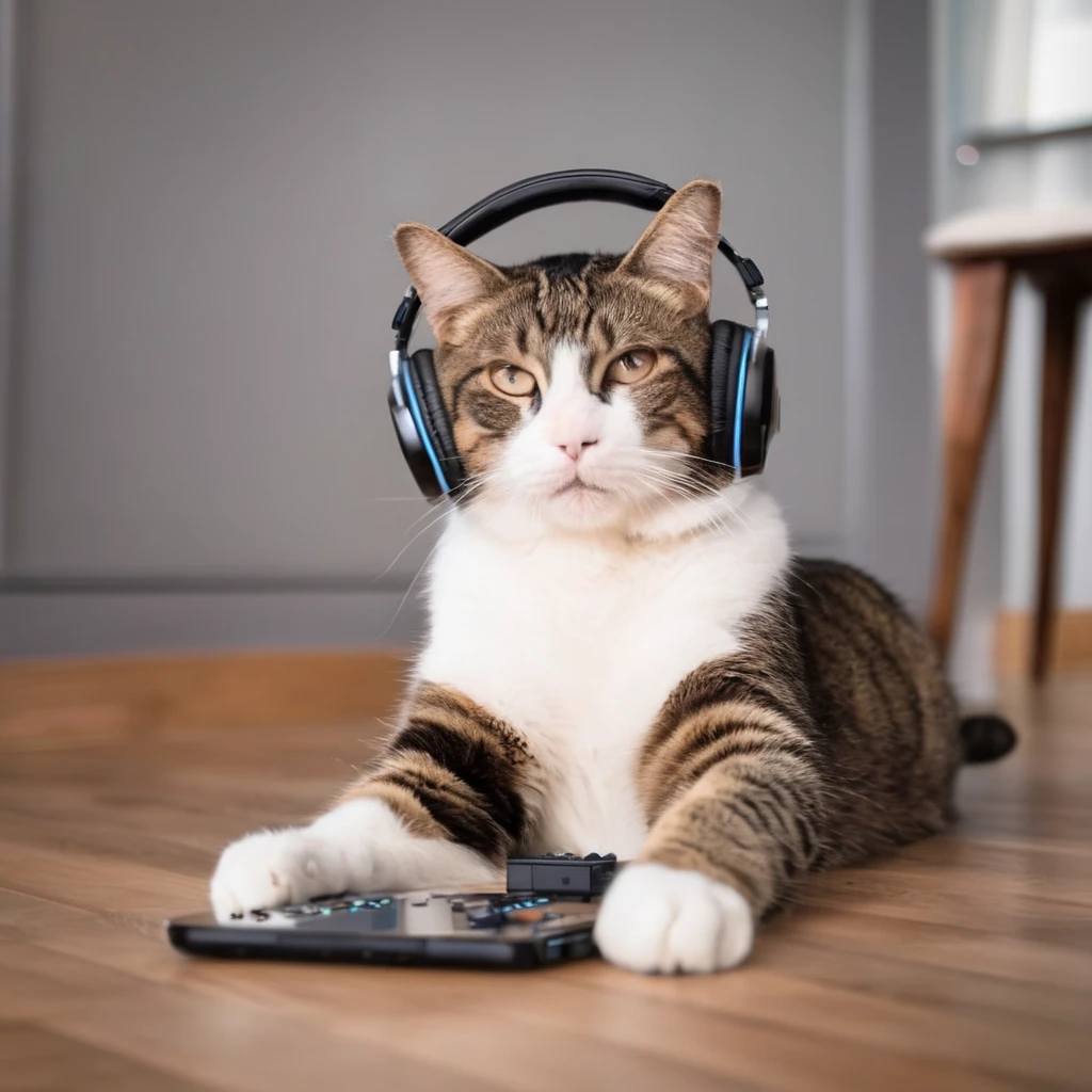 The cat is listening to music with headphones in the room - SeaArt AI