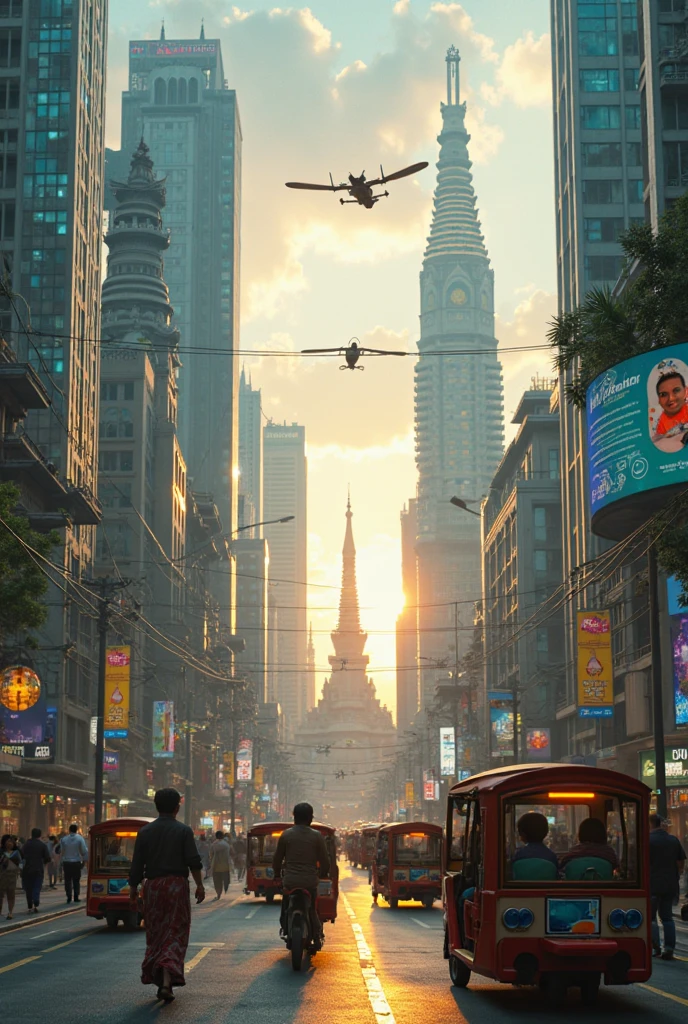"A cinematic, hyper-realistic video of Yangon city in the year 2077 ...