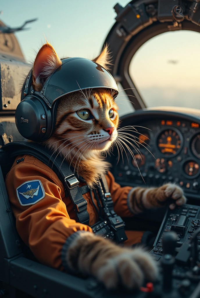 A cat who thinks he's a topgun in his fighter plane, detailed cat ...
