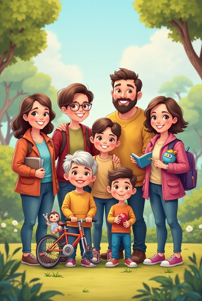 A cheerful cartoon-style family portrait showing eight family members ...