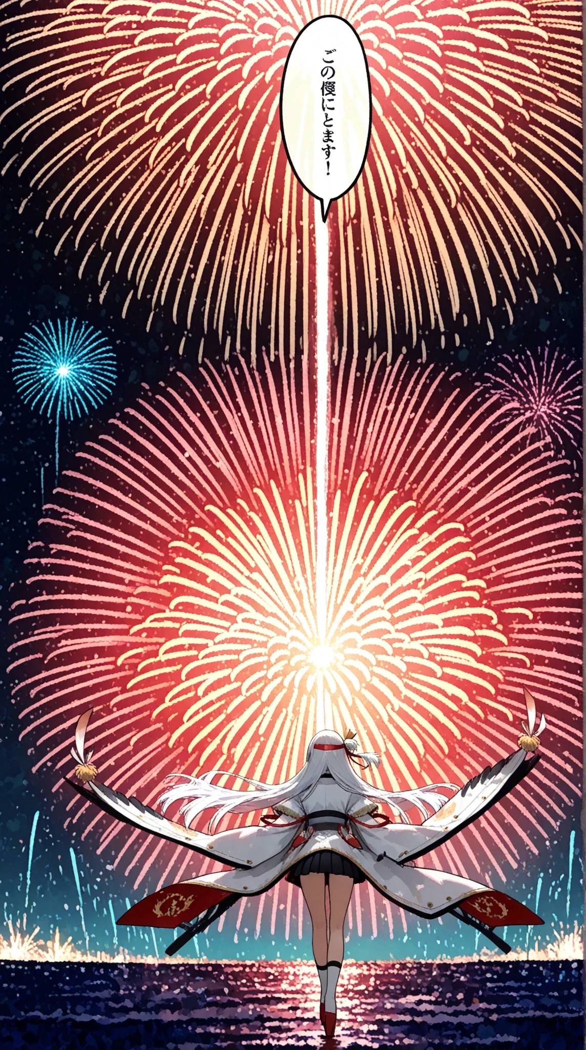 8k Resolution, anime color tone, Solid paint style, Fireworks floating ...