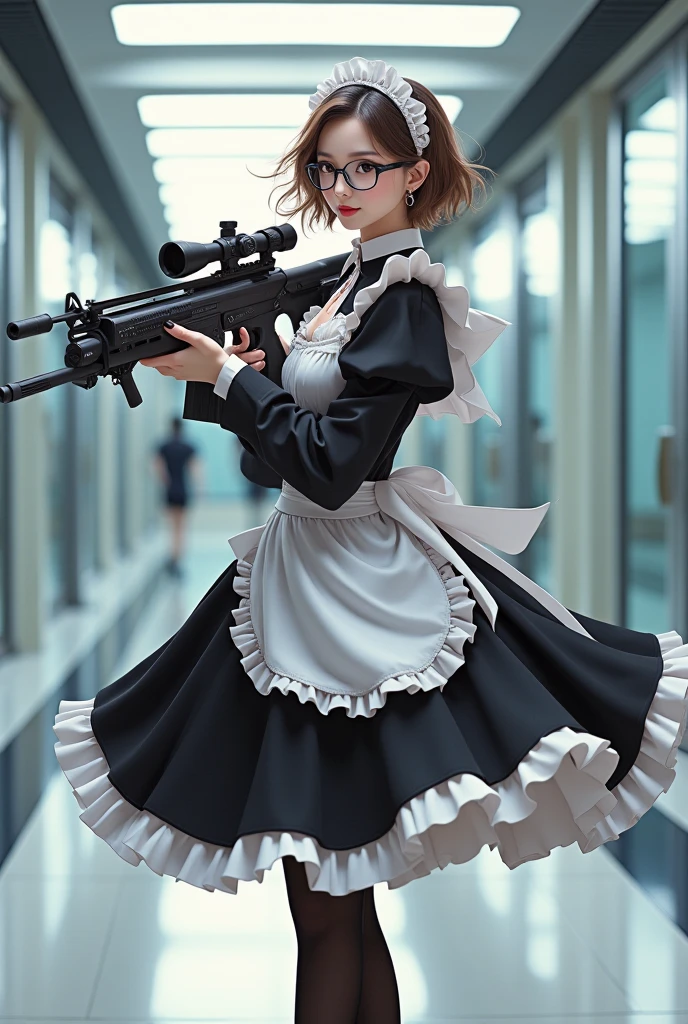 A realistic photo of a young woman in an elegant, detailed black and ...