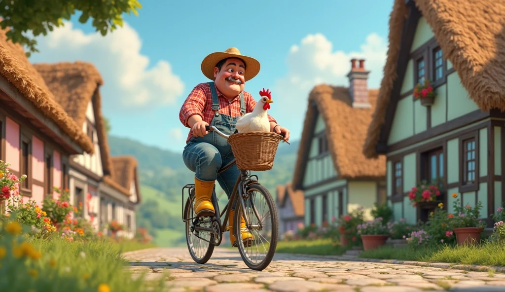 A cheerful, plump farmer in his fifties rides a well-maintained - SeaArt AI
