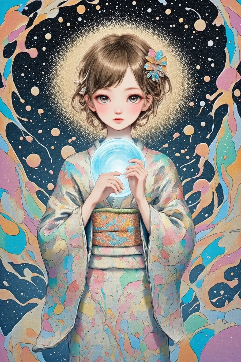Young woman in kimono holding a glowing light blue sphere、Stylized ...