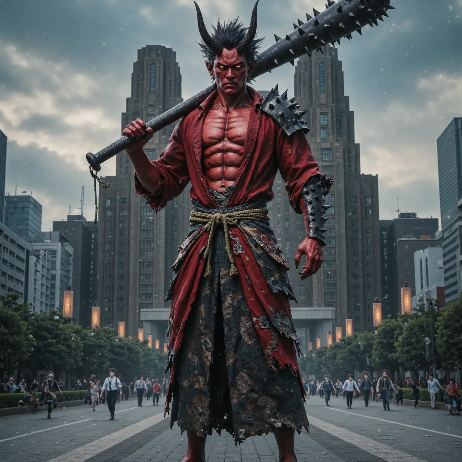 He carries a massive spiked kanabo (iron club) on his shoulder - SeaArt AI