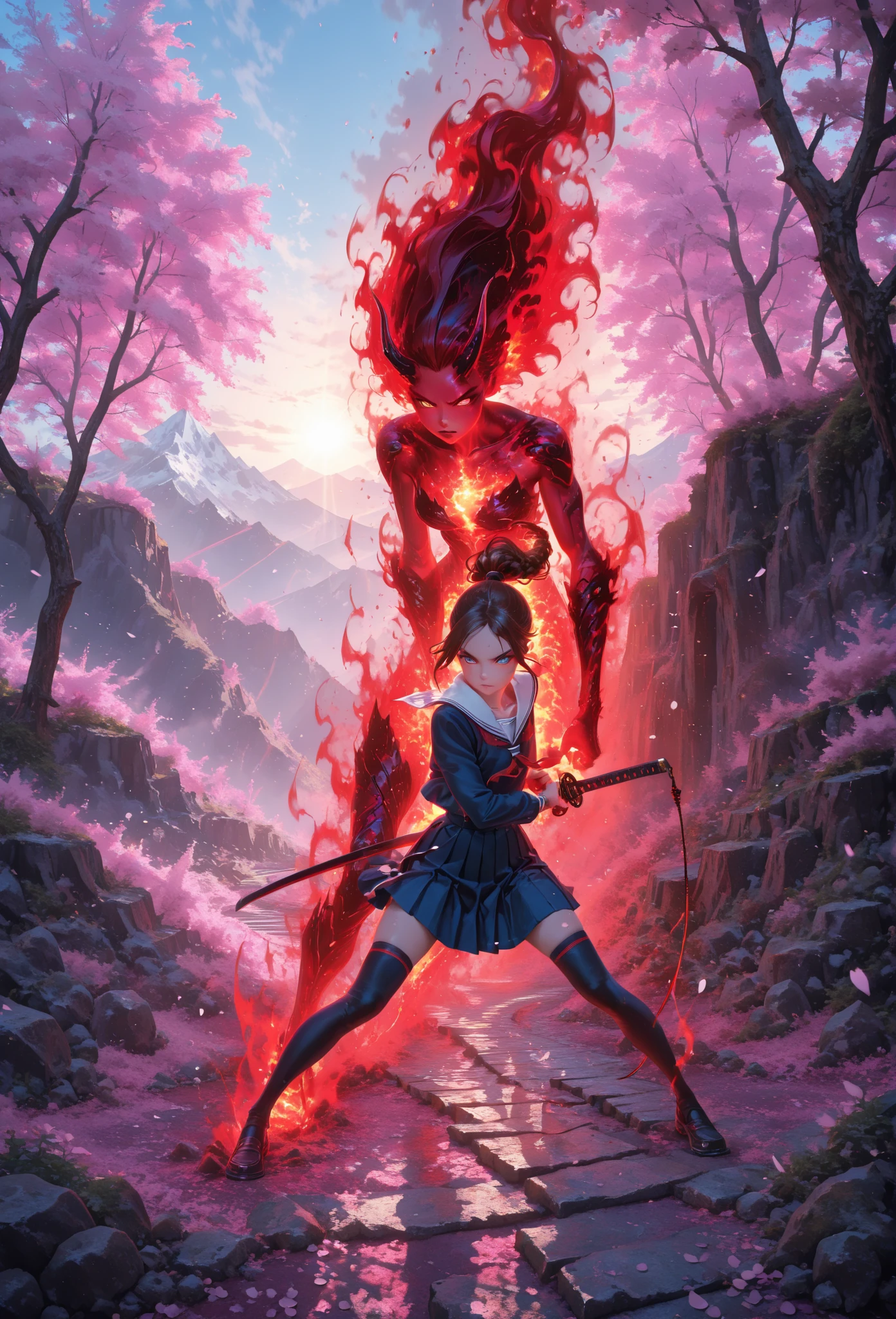 Fierce, determined schoolgirl in a dynamic mid-run pose, her body ...