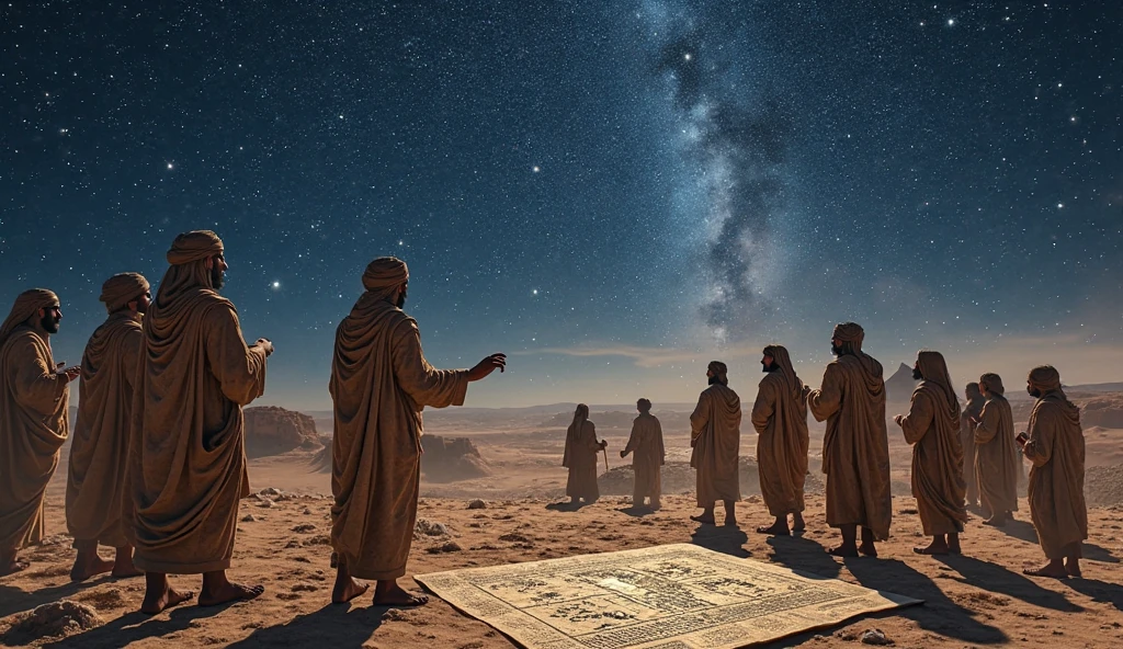 A stunning scene of ancient Mesopotamian astronomers standing beneath a ...