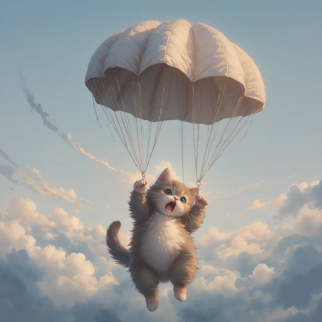 A cute, chubby cat is descending with a parachute, flailing its paws in ...
