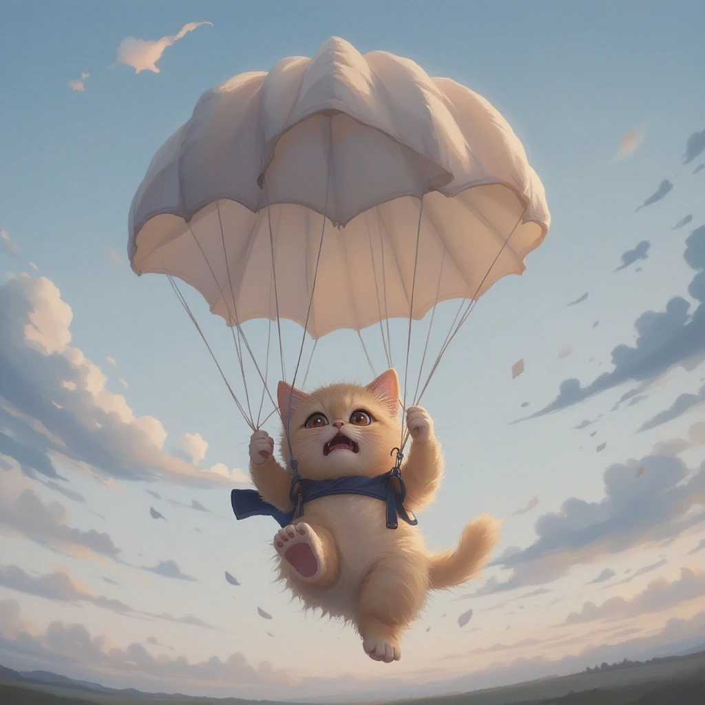 A cute, chubby cat is descending with a parachute, flailing its paws in ...