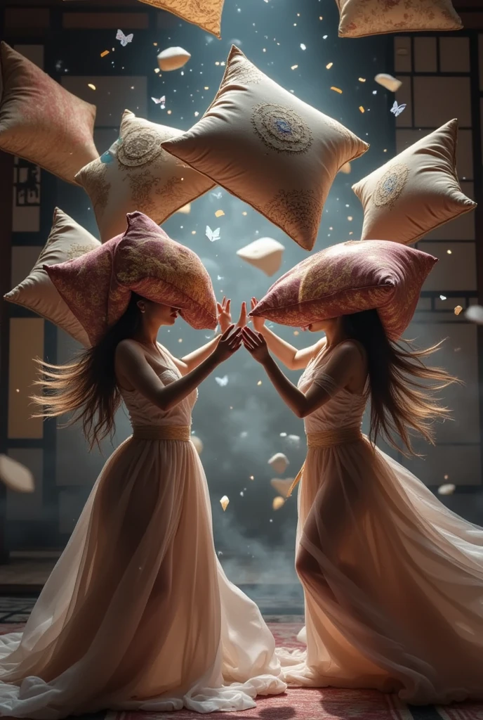 Two people throwing pillows、Luxurious Japanese-style room with tatami ...