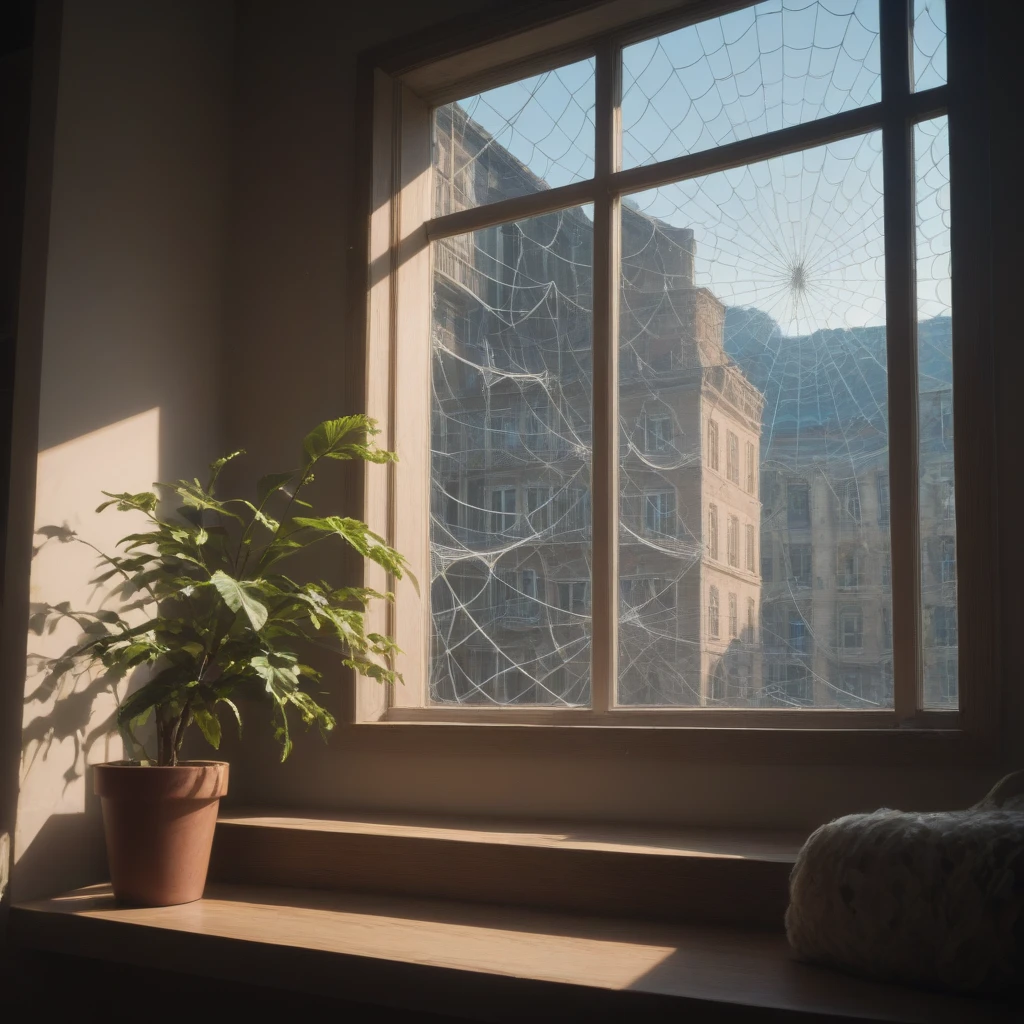 Wide spider web, with a blue spider in the center, open window in the ...