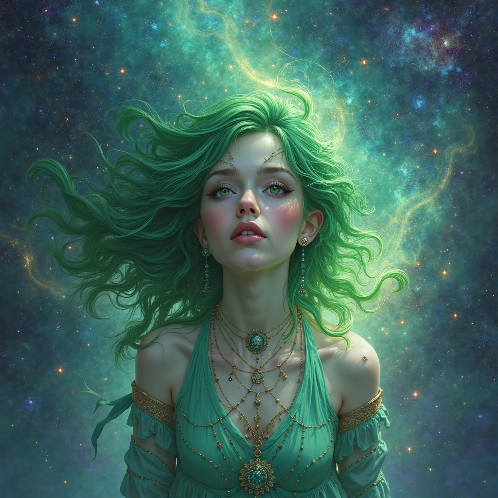 Create a cosmic avatar with green hair - SeaArt AI