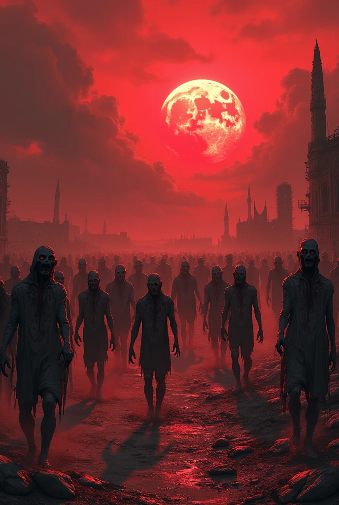 Scarlet red scenery full of zombies realistic image - SeaArt AI