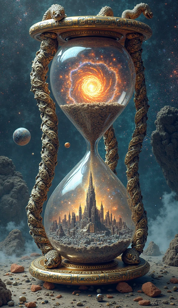An impossibly ornate hourglass floats in the void of a shattered ...