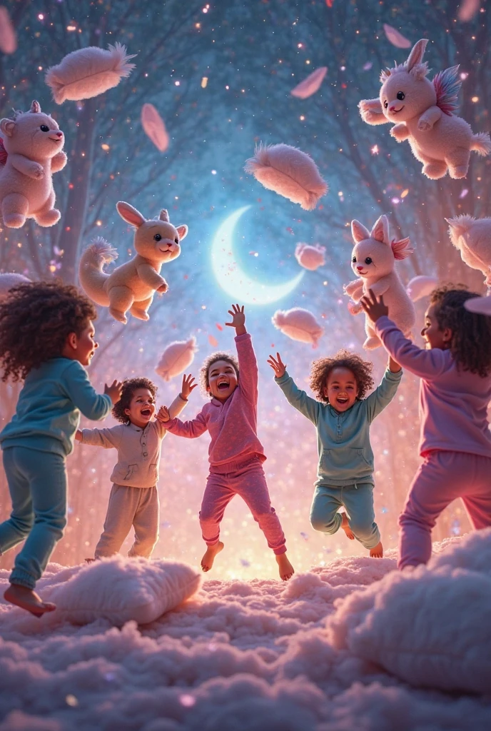 An epic pillow fight scene in a dreamy ren's bedroom at twilight. On one side, a group of ...