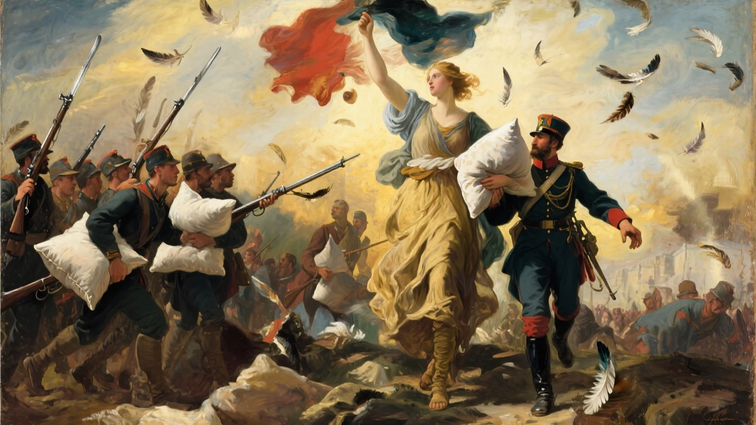 自由を導く人々 — ユージーヌ・ドラクロワ, 1830年ロマン主義油絵様式, 19世紀の気分, ドラマチックなゴールデンアワーの照明, 柔らかい筆致, 大気深度, 絵画的な質感, 映画のような ...