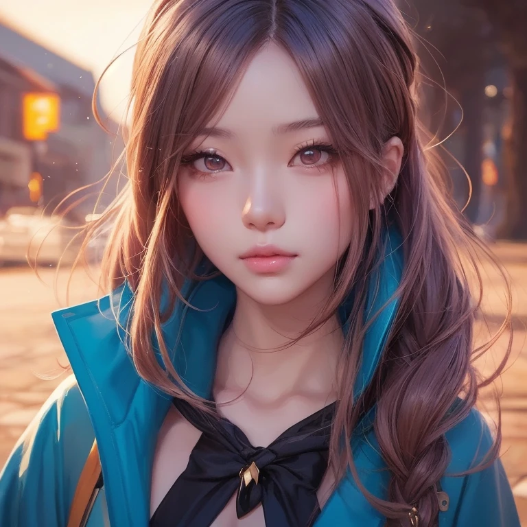 A girl with shiny hair and a blue coat looks at the camera, inspired ...