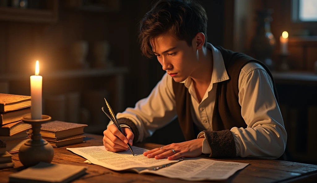 “A young medieval man writing poetry with a quill by candlelight ...