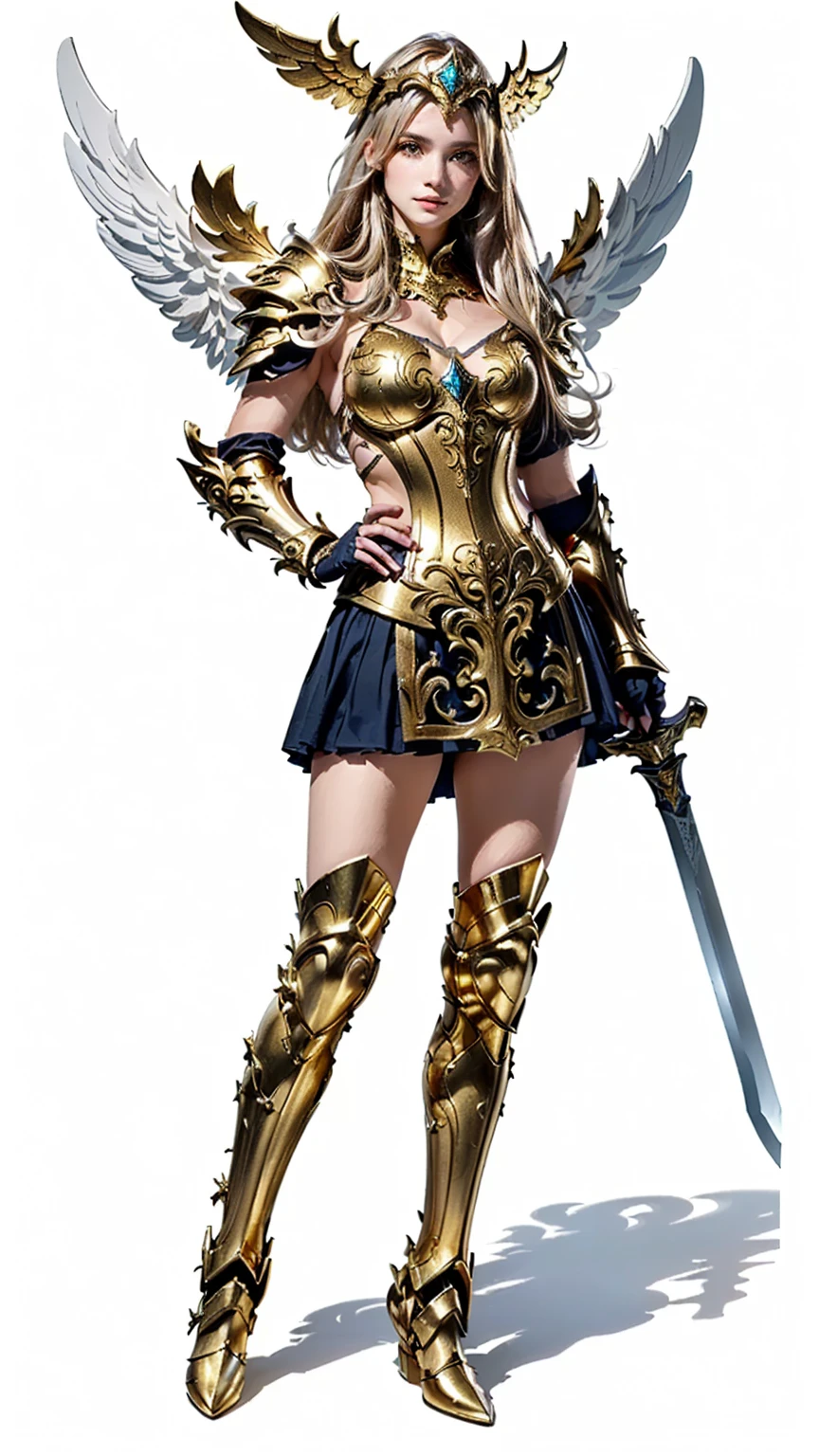 A close up of someone in a dress holding a sword, Angelic Golden Armor ...