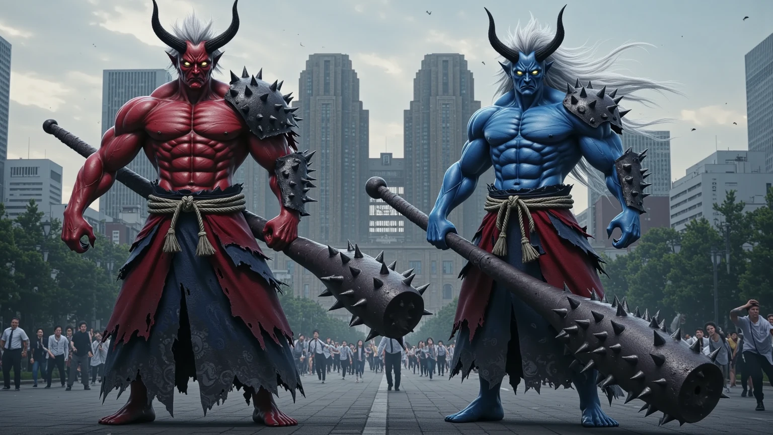 Akaoni and a aooni, big fluffy pillows, red demons with red pillows ...
