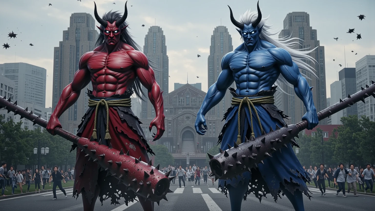Akaoni and a aooni, big fluffy pillows, red demons with red pillows ...