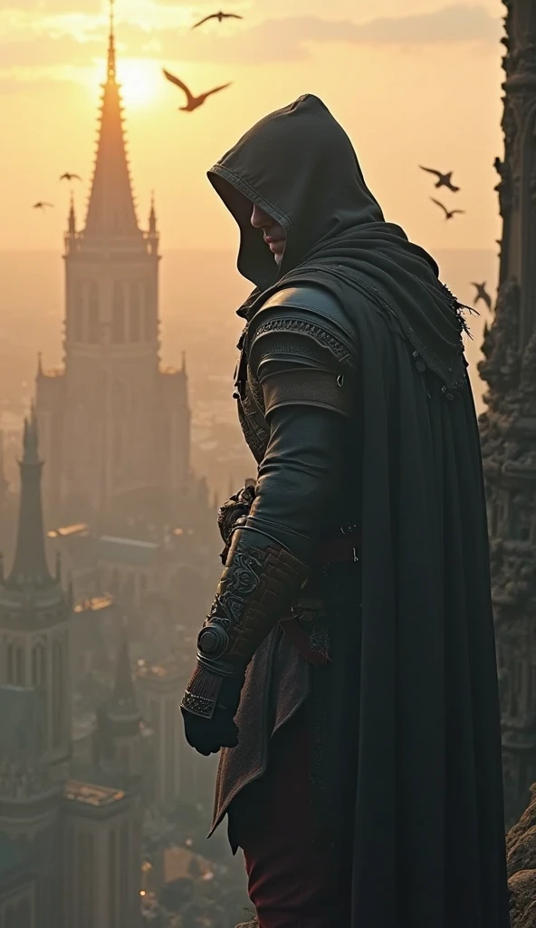 ultra-realistic cinematic shot of a mysterious hooded assassin standing ...
