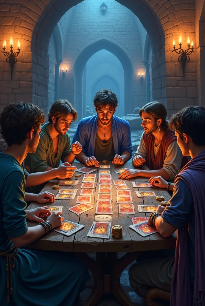 In a bustling tavern, dimly lit by flickering candles, a diverse group ...