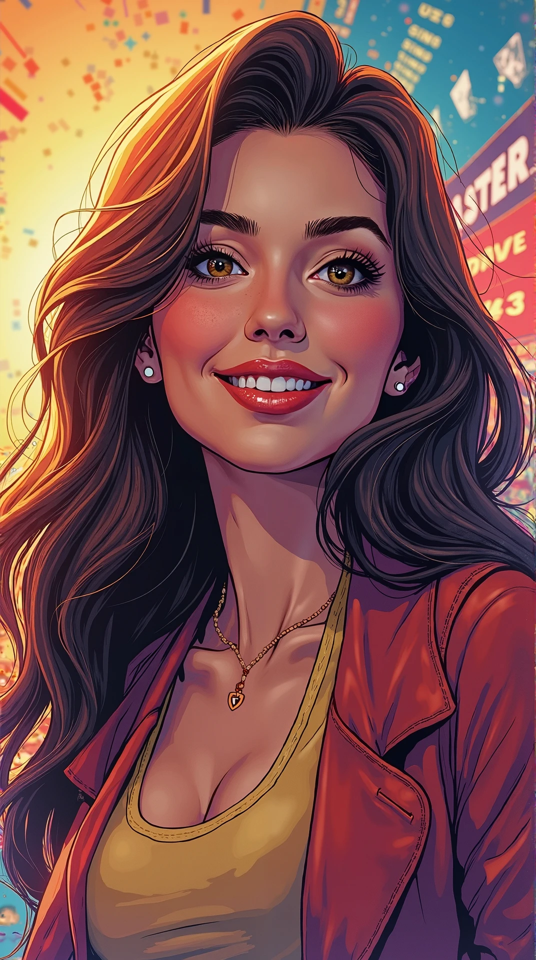 A half-body portrait of an adult American woman in comic book style ...