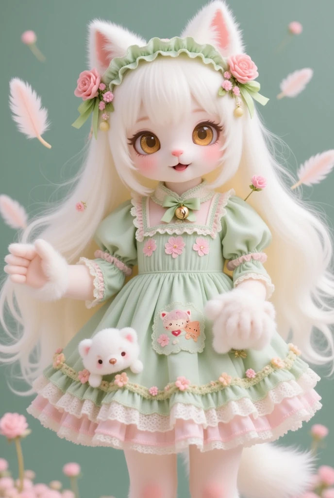 Group photo of uper cute beast-eared girls， with a pillow in her hand ...