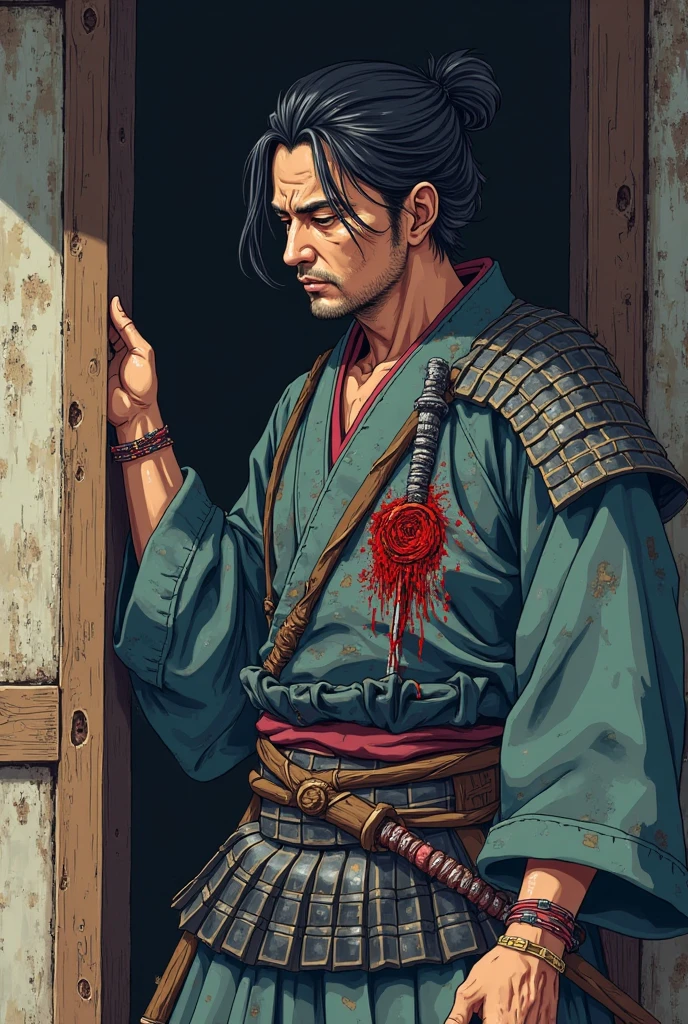 An anime cartoon drawing of a 30-year-old samurai sitting leaning ...