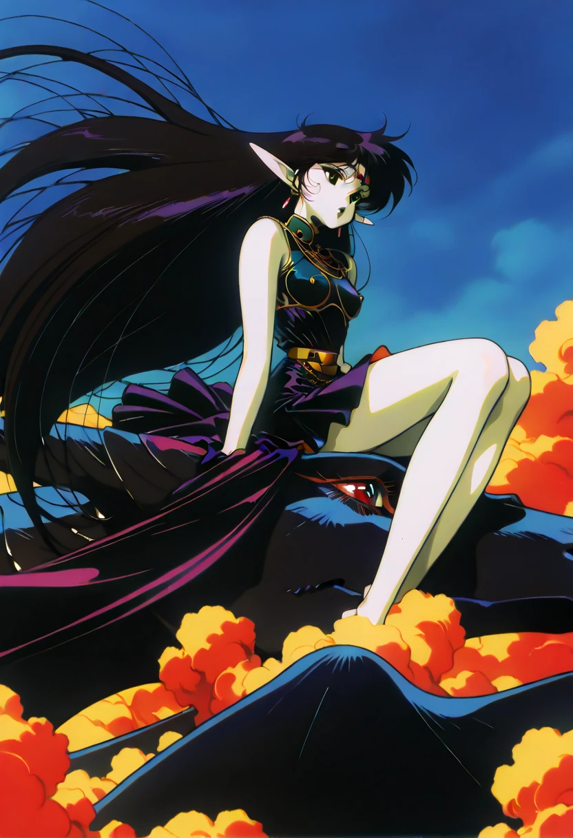 Rei Hino, black long hair, she has elven ears, intricate satin dress - SeaArt AI