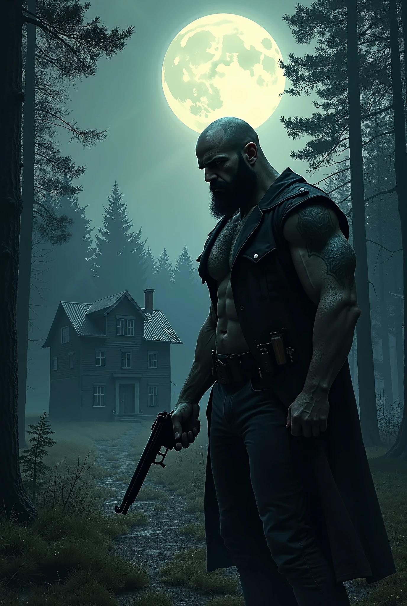 (Buch Cover) (realistisch) gloomy, nachts, voll Mond, einsames Haus - SeaArt AI