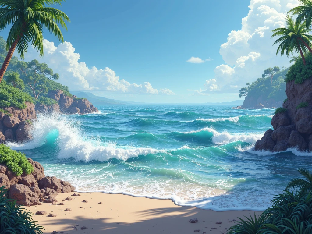 An animated depiction of a coastal area experiencing high tide - SeaArt AI