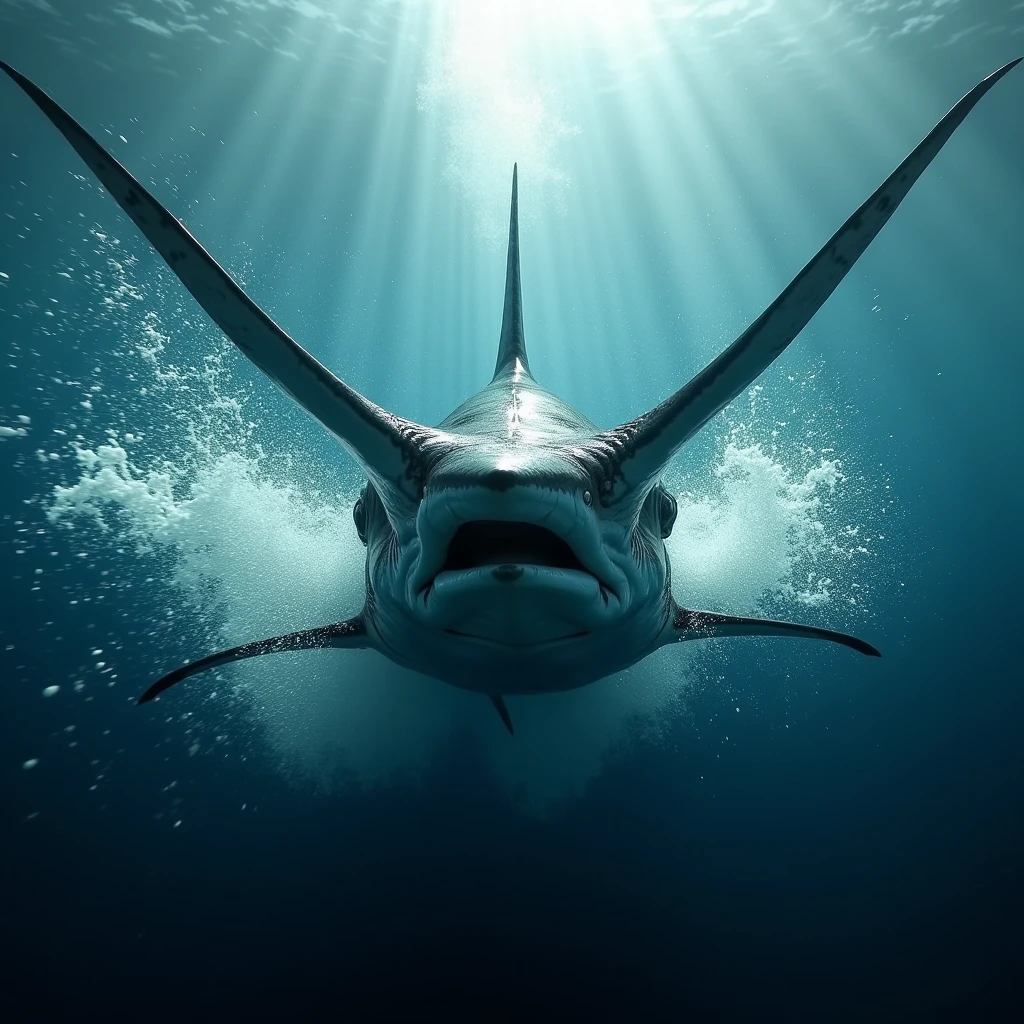 "A powerful swordfish charging toward the camera like a torpedo - SeaArt AI