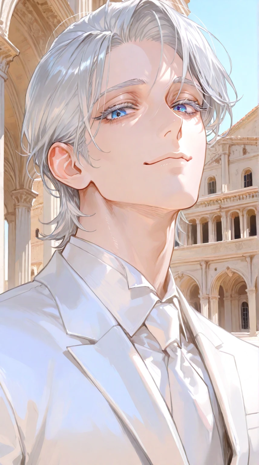 1 man, solo, mature, beautiful, fair skin , faint smile, unreadable ...