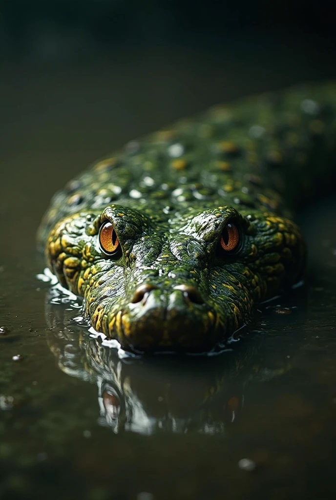 Close-up shot of a green anaconda’s face emerging from the murky Amazon ...