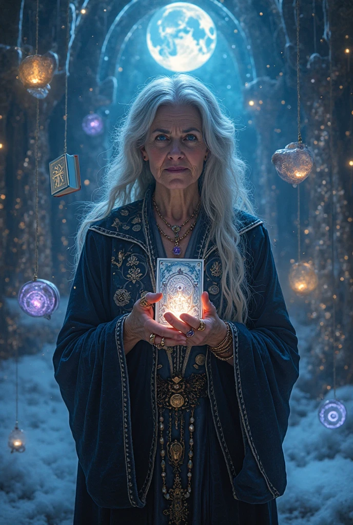 A mystical 65-year-old oracle stands perfectly centered, gazing forward ...