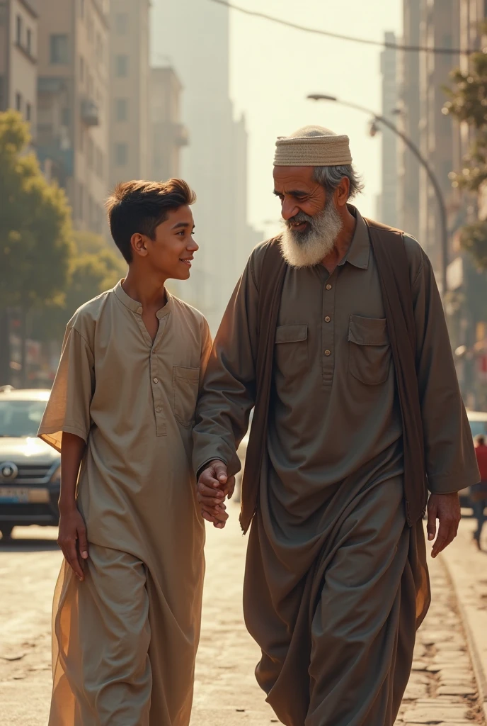 A muslim boy helping an muslim elderly man on atreet - SeaArt AI