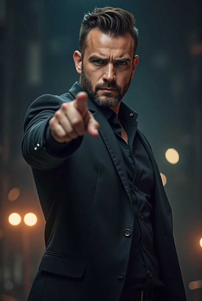 A realistic man with a sharp look pointing directly at the viewer ...