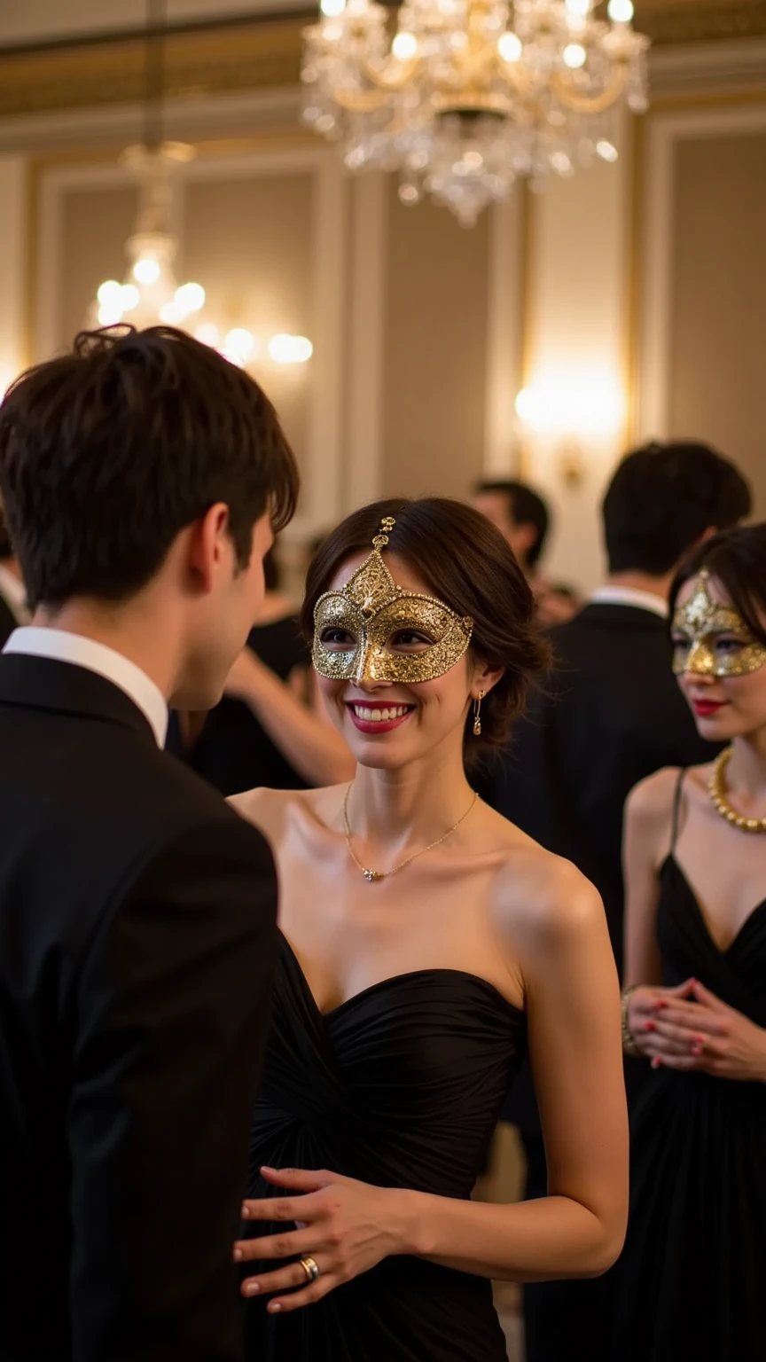 Venetian mask,party_dress,A luxurious party hall filled with people ...