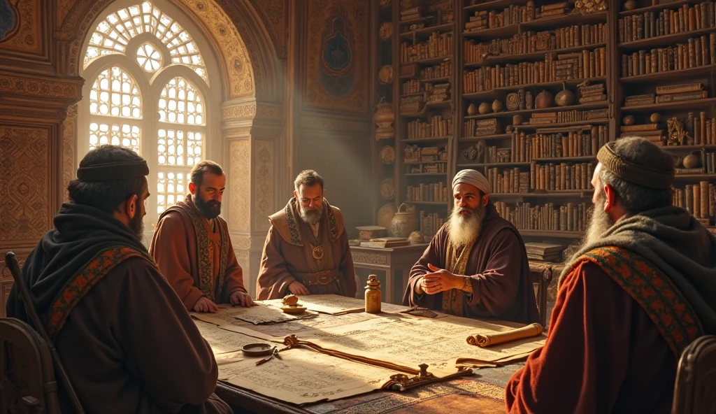An ancient Islamic scholar-king in a grand Seljuk library, surrounded ...