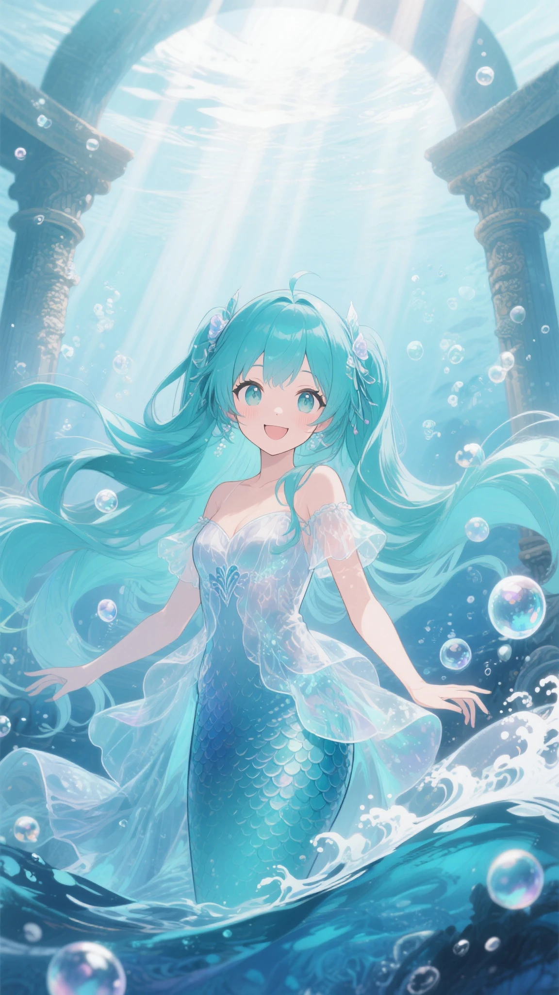 A graceful anime girl with long flowing aqua-blue hair and a ...
