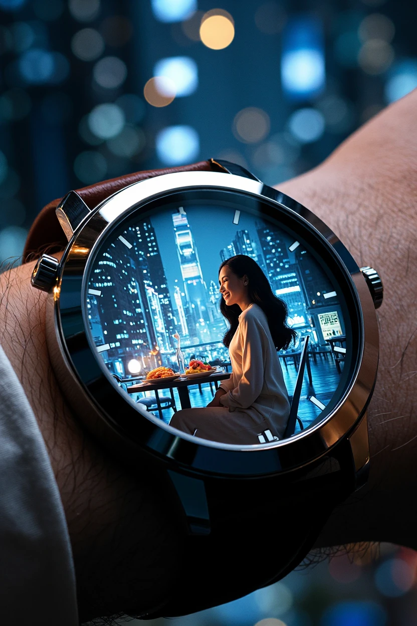A sleek, futuristic wristwatch rests gently on the wearer’s wrist ...