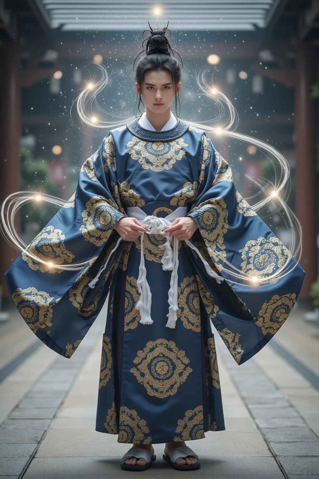 A young Japanese Shinto priest, 22 years old, wearing a luxuriously ...