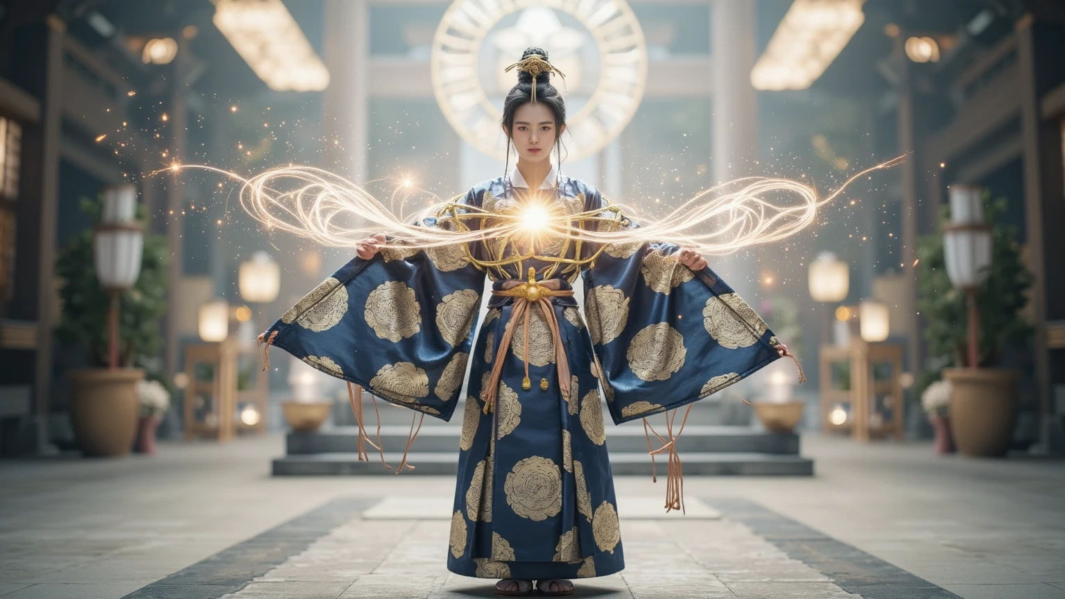 A young Japanese Shinto priest, 22 years old, wearing a luxuriously ...